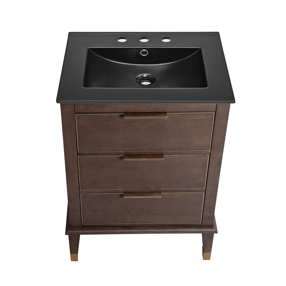 Hugo 24 in. Brown Oak Bathroom Vanity With Black, 3-Hole Ceramic Sink ...